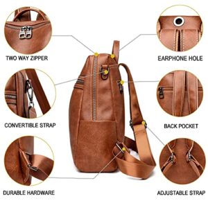 Leather Womens Backpack Purse for Women, Ladies Convertible Cute Purse Backpack and Handbags Shoulder Bag Bookbag Satchel for Travel, Anti-Theft Multi Pockets Fashion Designer Rucksack (Medium, Brown)