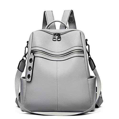 Leather Womens Backpack Purse for Women, Ladies Convertible Cute Purse Backpack and Handbags Shoulder Bag Bookbag Satchel for Travel (Medium, Light Grey)