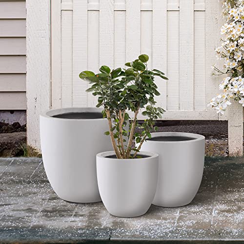 Kante 18", 14", and 10" W Pure White Concrete Round Planters (Set of 3), Outdoor Indoor Modern Planter Pots, Lightweight, Weather Resistant, Seamless with Drainage Hole (RC0050ABC-C80011)