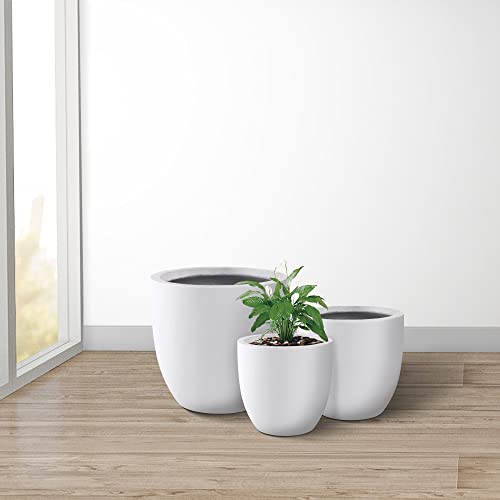 Kante 18", 14", and 10" W Pure White Concrete Round Planters (Set of 3), Outdoor Indoor Modern Planter Pots, Lightweight, Weather Resistant, Seamless with Drainage Hole (RC0050ABC-C80011)