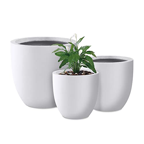 Kante 18", 14", and 10" W Pure White Concrete Round Planters (Set of 3), Outdoor Indoor Modern Planter Pots, Lightweight, Weather Resistant, Seamless with Drainage Hole (RC0050ABC-C80011)