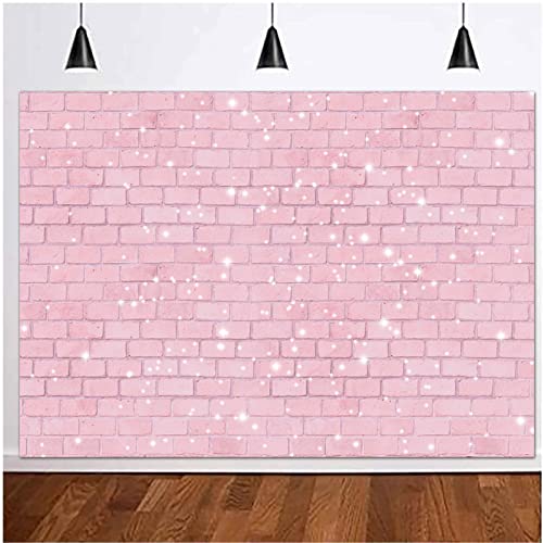 Retro Pink Glitter Brick Wall Photography Backdrop Girl Happy Birthday Party Photo Background Baby Shower Bridal Shower Wedding Newborn Banner Cake Table Decorations Photo Booth Props 7x5ft