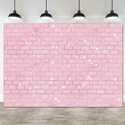 Retro Pink Glitter Brick Wall Photography Backdrop Girl Happy Birthday Party Photo Background Baby Shower Bridal Shower Wedding Newborn Banner Cake Table Decorations Photo Booth Props 7x5ft