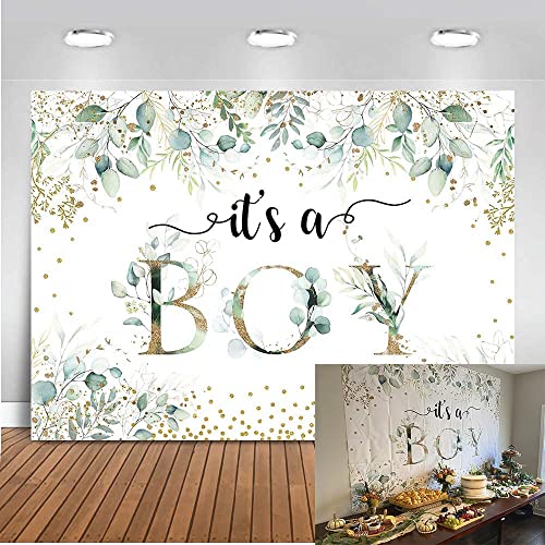 Mocsicka It's a Boy Backdrop Boy Baby Shower Greenery Eucalyptus Baby Shower Party Decorations Banner 7x5ft Summer Green Leaves Boy Baby Shower Photography Background