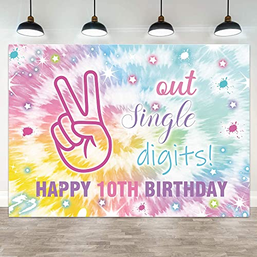 Hilioens 7×5ft Out Single Digits Happy 10th Birthday Backdrop Tie Dye Rainbow Girls Birthday I'm 10 Background for Photography Girls Tenth Birthday Party Banner Decorations