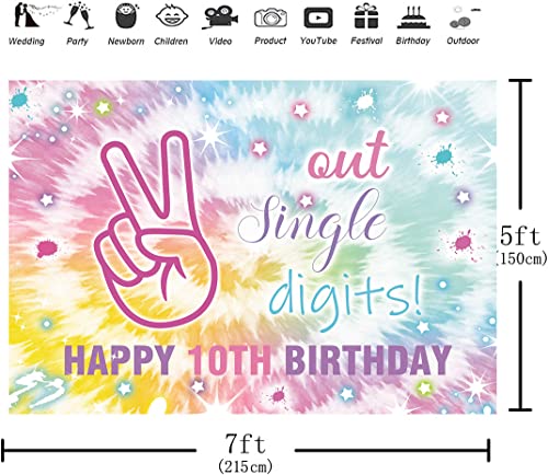 Hilioens 7×5ft Out Single Digits Happy 10th Birthday Backdrop Tie Dye Rainbow Girls Birthday I'm 10 Background for Photography Girls Tenth Birthday Party Banner Decorations