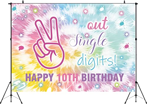 Hilioens 7×5ft Out Single Digits Happy 10th Birthday Backdrop Tie Dye Rainbow Girls Birthday I'm 10 Background for Photography Girls Tenth Birthday Party Banner Decorations