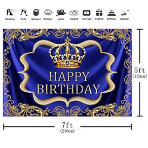 Aperturee Royal Blue and Gold Happy Birthday Backdrop 7x5ft Little Baby Boy Prince King Crown Photography Background Celebration Party Decoration Supplies Cake Table Banner Photo Booth Prop