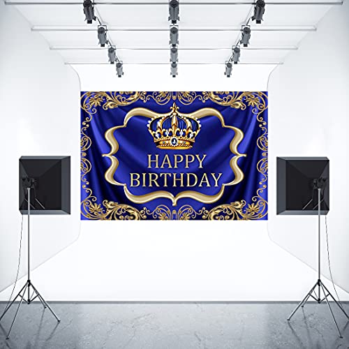 Aperturee Royal Blue and Gold Happy Birthday Backdrop 7x5ft Little Baby Boy Prince King Crown Photography Background Celebration Party Decoration Supplies Cake Table Banner Photo Booth Prop