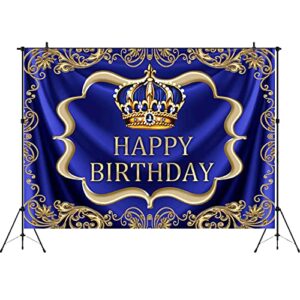 Aperturee Royal Blue and Gold Happy Birthday Backdrop 7x5ft Little Baby Boy Prince King Crown Photography Background Celebration Party Decoration Supplies Cake Table Banner Photo Booth Prop