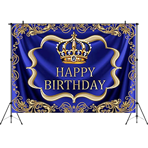 Aperturee Royal Blue and Gold Happy Birthday Backdrop 7x5ft Little Baby Boy Prince King Crown Photography Background Celebration Party Decoration Supplies Cake Table Banner Photo Booth Prop