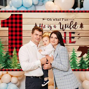 Lumberjack Backdrop Banner Wild One Baby Shower Forest Background Boys 1st First Birthday Photography Photo Prop Red Black Buffalo Plaid Lumberjack Themed Party Decoration 6 x 3.6 Feet