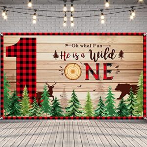 Lumberjack Backdrop Banner Wild One Baby Shower Forest Background Boys 1st First Birthday Photography Photo Prop Red Black Buffalo Plaid Lumberjack Themed Party Decoration 6 x 3.6 Feet