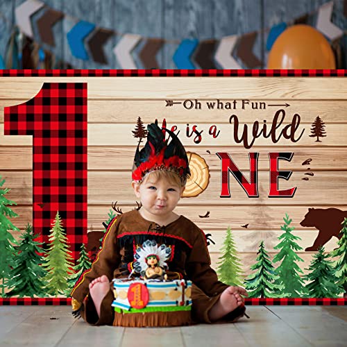 Lumberjack Backdrop Banner Wild One Baby Shower Forest Background Boys 1st First Birthday Photography Photo Prop Red Black Buffalo Plaid Lumberjack Themed Party Decoration 6 x 3.6 Feet