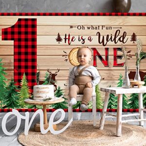 Lumberjack Backdrop Banner Wild One Baby Shower Forest Background Boys 1st First Birthday Photography Photo Prop Red Black Buffalo Plaid Lumberjack Themed Party Decoration 6 x 3.6 Feet