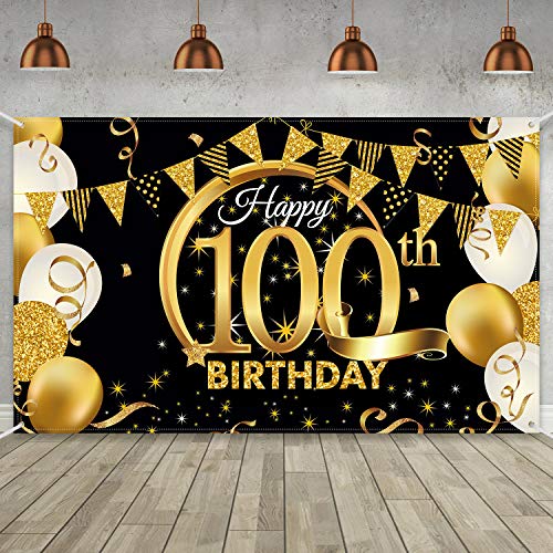 Birthday Party Decoration Extra Large Fabric Black Gold Sign Poster for Anniversary Photo Booth Backdrop Background Banner, Birthday Party Supplies, 72.8 x 43.3 Inch (100th)