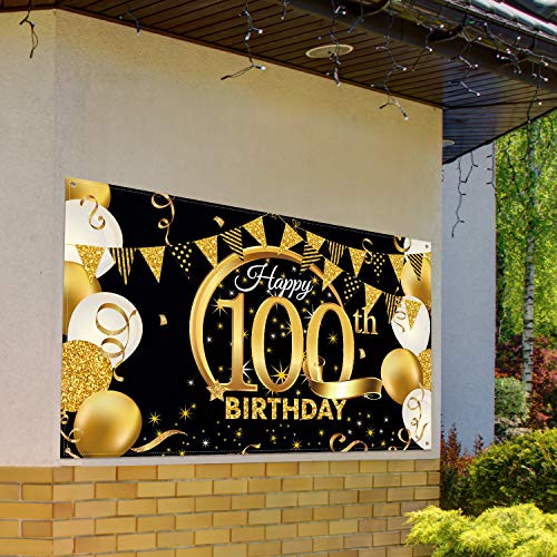 Birthday Party Decoration Extra Large Fabric Black Gold Sign Poster for Anniversary Photo Booth Backdrop Background Banner, Birthday Party Supplies, 72.8 x 43.3 Inch (100th)