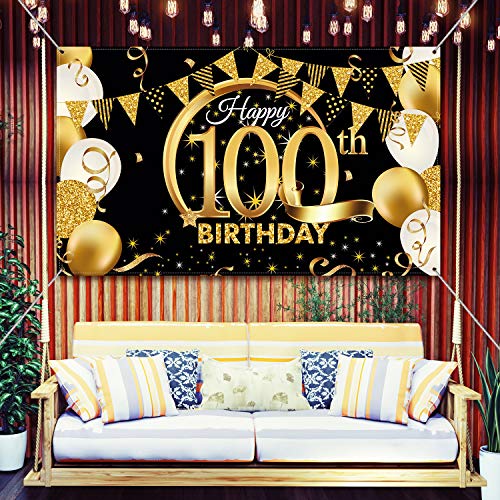 Birthday Party Decoration Extra Large Fabric Black Gold Sign Poster for Anniversary Photo Booth Backdrop Background Banner, Birthday Party Supplies, 72.8 x 43.3 Inch (100th)