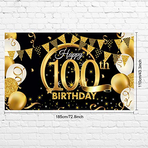 Birthday Party Decoration Extra Large Fabric Black Gold Sign Poster for Anniversary Photo Booth Backdrop Background Banner, Birthday Party Supplies, 72.8 x 43.3 Inch (100th)