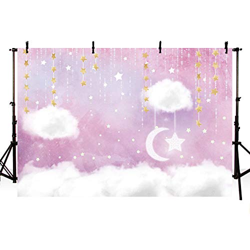 MEHOFOTO Sweet Pink and White Cloud Photo Studio Backdrop Props Princess Birthday Girl Baby Shower Party Decorations Hanging Gold Stars Twinkle Twinkle Little Stars Photography Background Banner 7x5ft