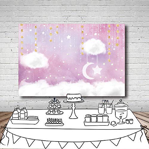 MEHOFOTO Sweet Pink and White Cloud Photo Studio Backdrop Props Princess Birthday Girl Baby Shower Party Decorations Hanging Gold Stars Twinkle Twinkle Little Stars Photography Background Banner 7x5ft