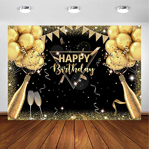 Avezano Black Gold Birthday Backdrop for Adult Men Woman Party Decorations Surprise Balloon Champagne Glitter Black and Gold Happy Birthday Party Banner Photoshoot Photography Background (7x5ft)