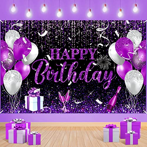 Black Purple and Silver Birthday Decoration Banner, Large Happy Birthday Banner for Girls Women Men Purple and Black Birthday Theme Party Backdrop for Birthday Background, 71x 43.3 Inches