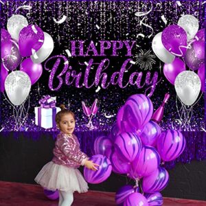 Black Purple and Silver Birthday Decoration Banner, Large Happy Birthday Banner for Girls Women Men Purple and Black Birthday Theme Party Backdrop for Birthday Background, 71x 43.3 Inches