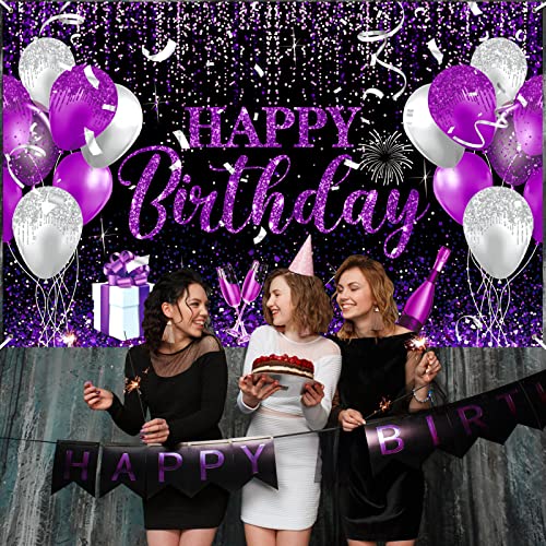 Black Purple and Silver Birthday Decoration Banner, Large Happy Birthday Banner for Girls Women Men Purple and Black Birthday Theme Party Backdrop for Birthday Background, 71x 43.3 Inches