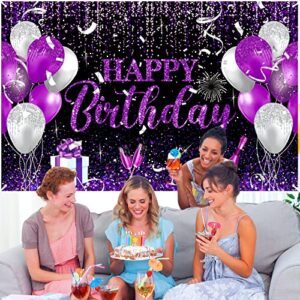 Black Purple and Silver Birthday Decoration Banner, Large Happy Birthday Banner for Girls Women Men Purple and Black Birthday Theme Party Backdrop for Birthday Background, 71x 43.3 Inches