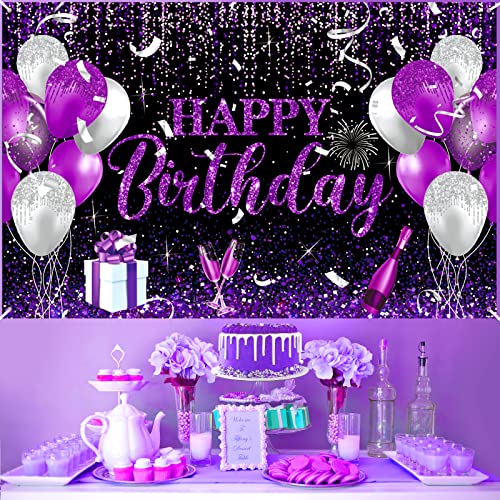 Black Purple and Silver Birthday Decoration Banner, Large Happy Birthday Banner for Girls Women Men Purple and Black Birthday Theme Party Backdrop for Birthday Background, 71x 43.3 Inches