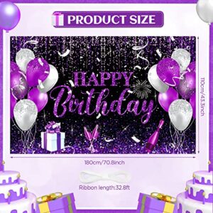 Black Purple and Silver Birthday Decoration Banner, Large Happy Birthday Banner for Girls Women Men Purple and Black Birthday Theme Party Backdrop for Birthday Background, 71x 43.3 Inches