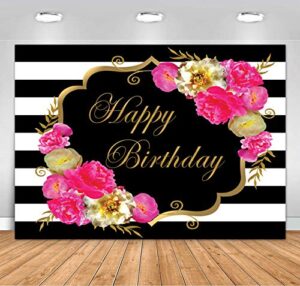 sensfun 7x5ft floral happy birthday backdrop for women black white stripes watercolor flowers birthday photography background fabulous 40th 50th 60th birthday party decoration backdrops