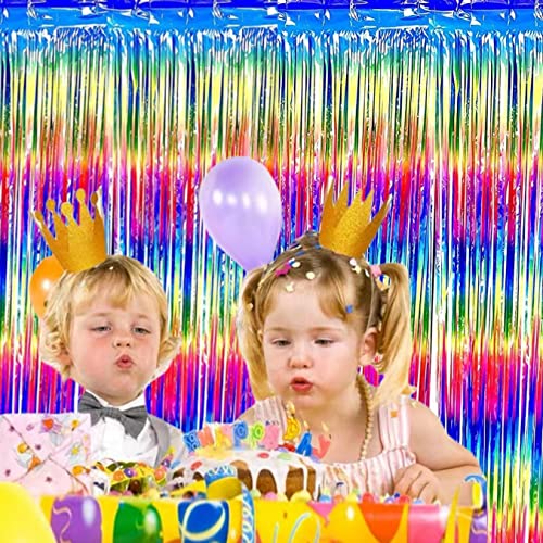 Rainbow Foil Fringe Curtain Backdrop Tinsel Photo Booth Props for Birthday Gay Pride Day Circus Bachelorette Wedding Engagement Bridal Shower Baby Shower Happy New Year Party Decorations - 2 Packs