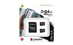 kingston 64gb microsdhc canvas select plus 100mb/s read a1 class 10 uhs-i 2-pack memory card + adapter (sdcs2/64gb-2p1a)