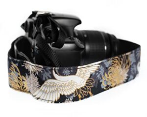 art tribute black camera strap crane gold foil vintage style for all dslr cameras. embroidered, universal classic neck & shoulder strap, animal pattern, best gift for photographers men & women