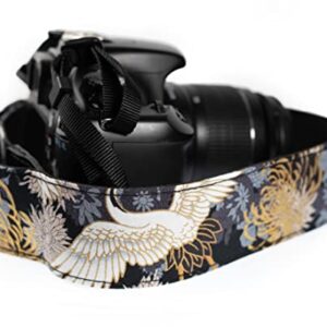 Art Tribute Black Camera Strap Crane Gold Foil Vintage Style For All DSLR Cameras. Embroidered, Universal Classic Neck & Shoulder Strap, Animal Pattern, Best Gift for Photographers Men & Women