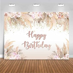 mocsicka boho happy birthday backdrop women girls boho chic pink flowers birthday background vinyl bohemian pampas grass party cake table decorations photo booth (7x5ft)