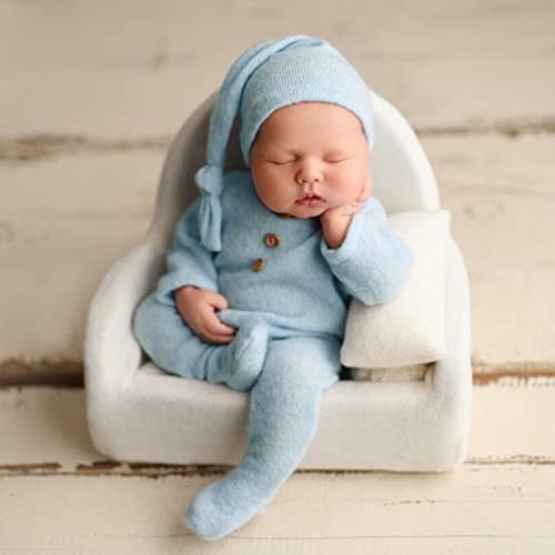 Fashion Newborn Boys Girls Baby Photo Shoot Props Outfits Crochet Clothes Long Tail Hat Pants Photography Props (Blue)