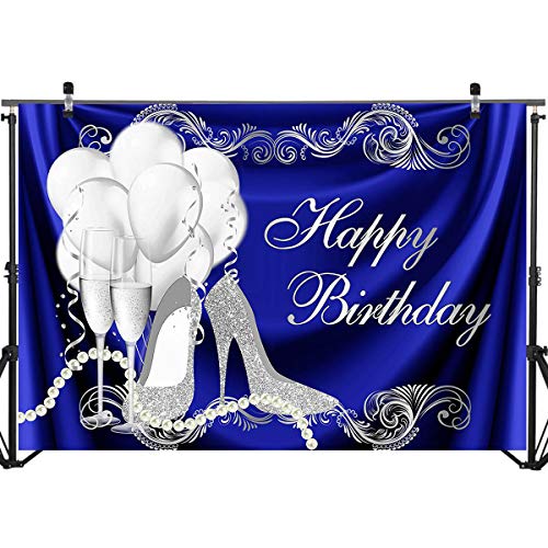 Mocsicka Royal Blue Happy Birthday Backdrop Silver High Heels Balloons Champagne Party Cake Table Decorations Sweet 16th Adult's Bday Photography Background (7x5ft)