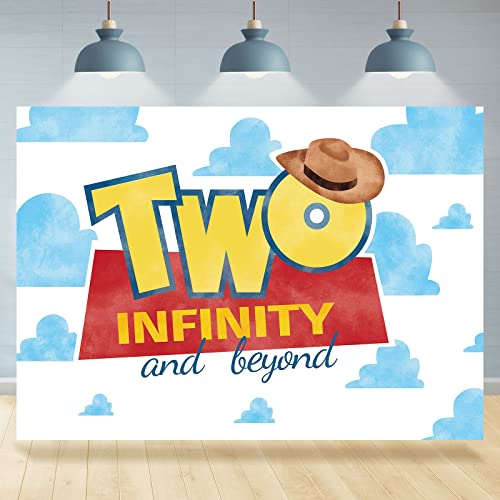 Rsuuinu Two Infinity and Beyond Backdrop 2nd Birthday Hat Blue Clouds Birthday Party Supplies Decorations Photography Background for Kids Boys Second Birthday Cake Table Banner Photo Booth Props 7x5ft