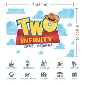 Rsuuinu Two Infinity and Beyond Backdrop 2nd Birthday Hat Blue Clouds Birthday Party Supplies Decorations Photography Background for Kids Boys Second Birthday Cake Table Banner Photo Booth Props 7x5ft