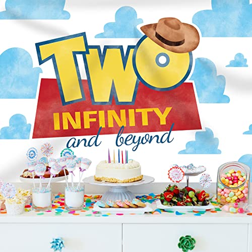 Rsuuinu Two Infinity and Beyond Backdrop 2nd Birthday Hat Blue Clouds Birthday Party Supplies Decorations Photography Background for Kids Boys Second Birthday Cake Table Banner Photo Booth Props 7x5ft