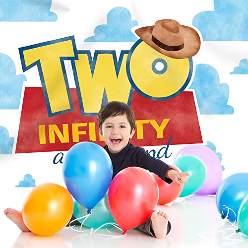 Rsuuinu Two Infinity and Beyond Backdrop 2nd Birthday Hat Blue Clouds Birthday Party Supplies Decorations Photography Background for Kids Boys Second Birthday Cake Table Banner Photo Booth Props 7x5ft