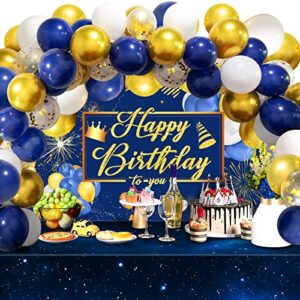 INPHER Happy Birthday Backdrop Navy Blue and Gold Birthday Decorations Backdrop 55 Pack Navy Blue Gold Balloon Arch Garland Kit Happy Birthday Banner Party Decorations for Kids Men Women