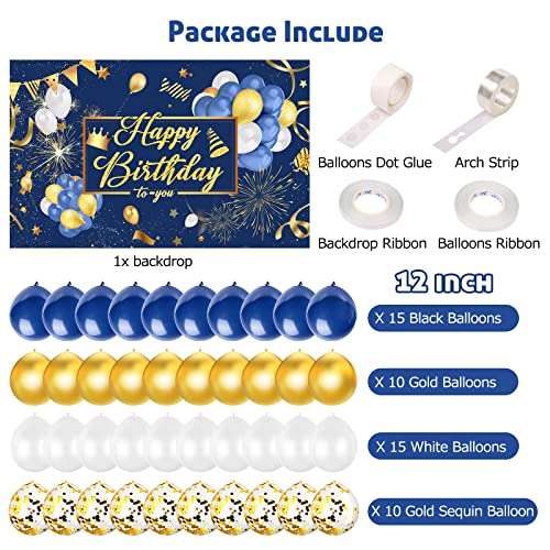 INPHER Happy Birthday Backdrop Navy Blue and Gold Birthday Decorations Backdrop 55 Pack Navy Blue Gold Balloon Arch Garland Kit Happy Birthday Banner Party Decorations for Kids Men Women