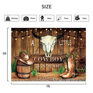 LIGHTINHOME Cowboy Baby Shower Backdrop 7Wx5H Feet for Rustic Wooden Pattern Cowboy Western Hat A Little Cowboy is On The Way Photography Background Decorations Photo Booth Studio Prop Fabric