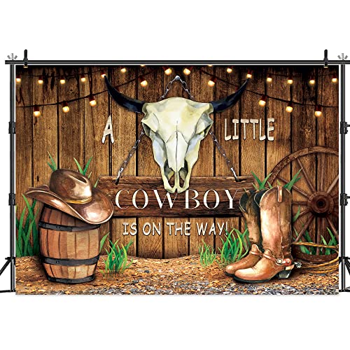 LIGHTINHOME Cowboy Baby Shower Backdrop 7Wx5H Feet for Rustic Wooden Pattern Cowboy Western Hat A Little Cowboy is On The Way Photography Background Decorations Photo Booth Studio Prop Fabric