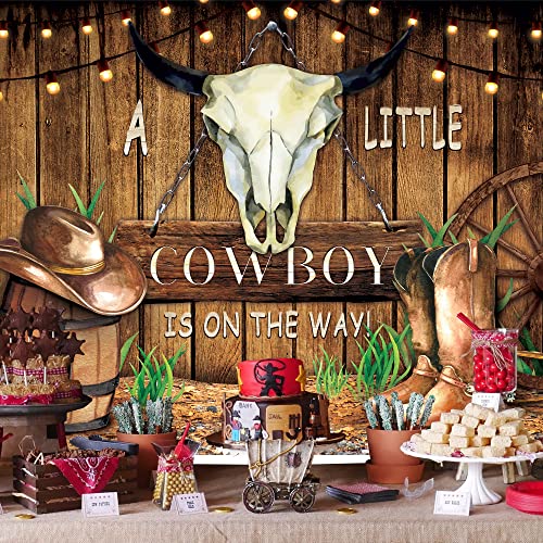 LIGHTINHOME Cowboy Baby Shower Backdrop 7Wx5H Feet for Rustic Wooden Pattern Cowboy Western Hat A Little Cowboy is On The Way Photography Background Decorations Photo Booth Studio Prop Fabric