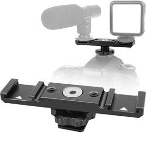 dual cold shoe mount bracket,chromlives dual hot shoe extension bar,cold shoe mount plate adapter,aluminum dual shoe extension bracket with cable slot bayonet for microphone,led video light,monitors